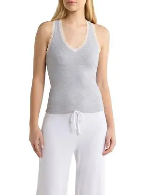 OPEN EDIT Ribbed Lace Trim Tank Top - Grey Heather