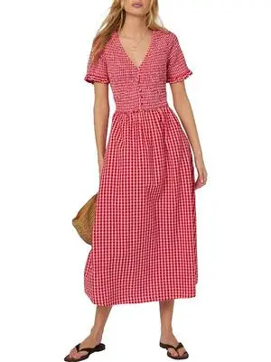 NOBODY'S CHILD Eliza Gingham Smocked Bodice Organic Cotton Seersucker Midi Dress - Red Gingham