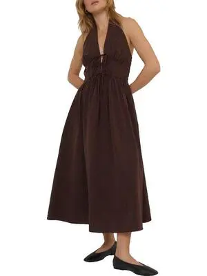 NOBODY'S CHILD Lilijana Tie Front Halter Organic Cotton Midi Dress - Brown