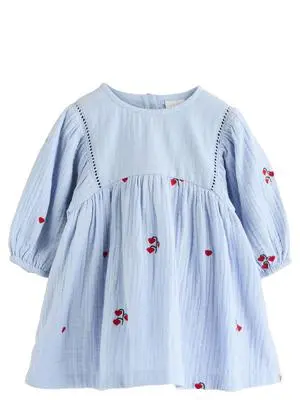 NEXT Embroidered Cotton Gauze Dress - Blue