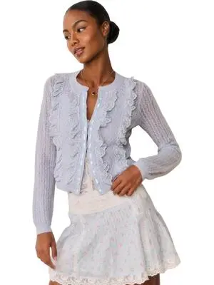LoveShackFancy Melisse Eyelet Ruffle Cardigan - Wistful Blue