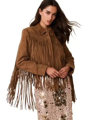 LoveShackFancy Maelis Suede Fringe Jacket - Tan