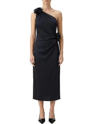 Coperni One-shoulder Midi Dress With Floral Applique - Black