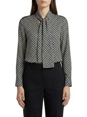 Max Mara Printed Georgette Shirt With Pussy Bow Collar - Blue