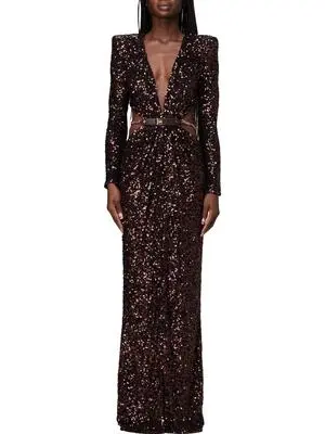 Elisabetta Franchi Long Sleeve Gown - Brown