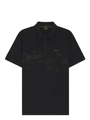 BOSS Abstract-print Zipped Cotton-blend Polo Shirt - Black