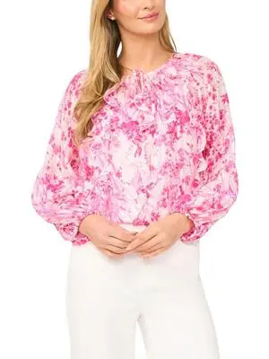 Halogen Tie Front Ruffle Long Sleeve Top - New Ivory/pink Floral