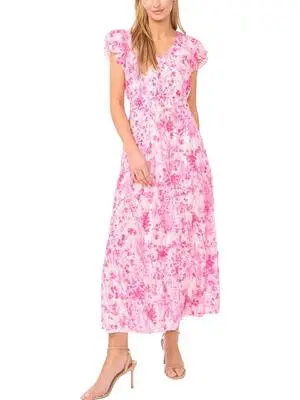 Halogen Double Ruffle Sleeve Midi Dress - New Ivory/pink Floral