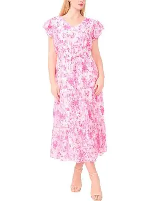 Halogen Double Ruffle Sleeve Midi Dress - New Ivory/pink Floral