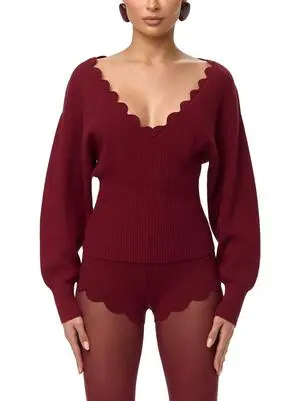 Naked Wardrobe Scallop Trim V-neck Sweater - Red