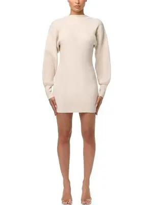 Naked Wardrobe Long-sleeve Rib-knit Mini Dress With V-back - Ivory