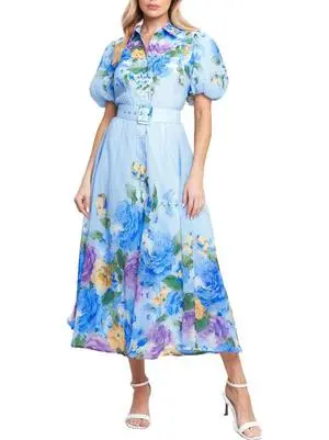FLYING TOMATO Floral Crepe Midi Shirt Dress - Light Blue