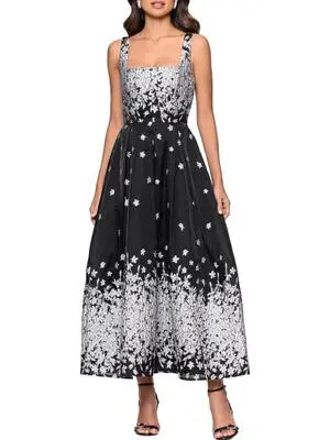 Betsy & Adam Metallic Floral Gown - Silver/black