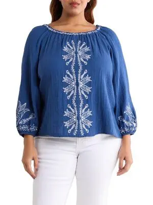 LIVERPOOL Embroidered Cotton Peasant Top - Liberty Blue