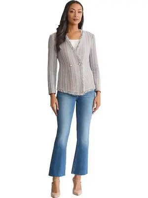 Misook Asymmetrical Fringe Trim Knit Jacket - Biscotti/powder Blue