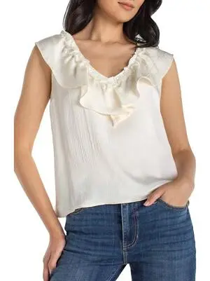 LIVERPOOL Ruffle Sleeveless Mixed Media Top - French Vanilla