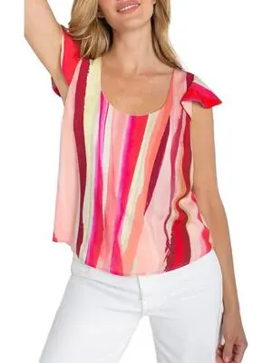 LIVERPOOL Printed Flutter Sleeve Top - Pink Multi