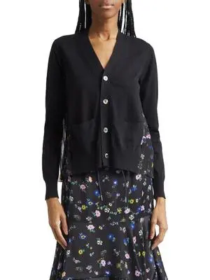 Sacai Mixed Media Pleated Floral Chiffon & Knit Cardigan - Black/black
