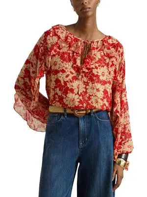 Ralph Lauren Floral Ruffle Detail Crinkle Top - Red/tan