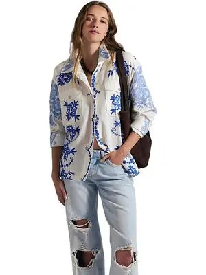 Free People Embroidered Button-down Shirt - Blue Floral