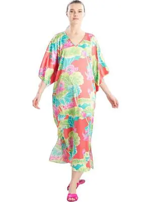 Natori Ascendant Lotus Printed Satin Caftan - Pink