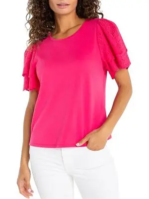 LIVERPOOL Eyelet Sleeve Mixed Media Top - Diva Pink