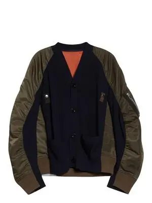 Sacai Mixed Media Knit & Nylon Twill Cardigan - Navy/dark Khaki