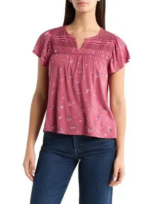 Lucky Brand Floral Flutter Sleeve Cotton-blend Top - Berry Floral