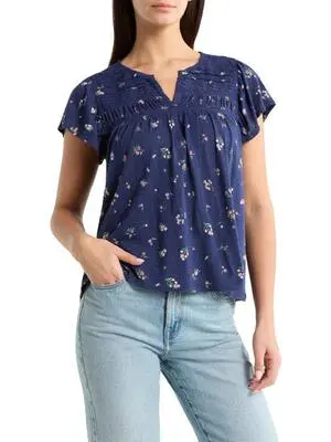 Lucky Brand Floral Flutter Sleeve Cotton-blend Top - Navy Floral