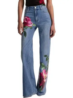Alice + Olivia Floral Wide Leg Jeans - Denver Bright Blue Bloom