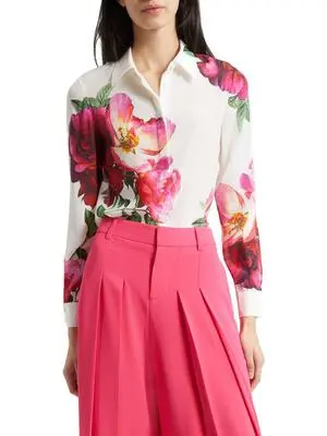 Alice + Olivia Willa Floral Silk Button-up Shirt - Empress Bloom Off White