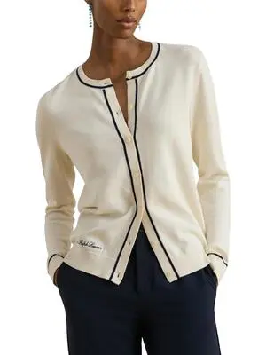 Ralph Lauren Contrast Trim Cotton Blend Cardigan - Mascarpone Cream/refined Navy
