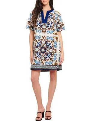 FLYING TOMATO Scarf Print Cotton Minidress - Ivory Blue