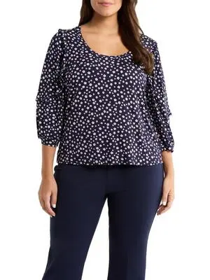 LIVERPOOL Printed Ruffle Sleeve Top - Navy/white Ditsy
