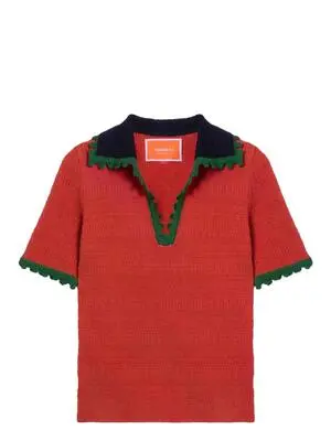 La DoubleJ Scalloped Knitted Polo Top - Red