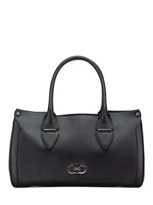 FERRAGAMO Leather Double Gancini Tote Bag - Black