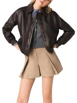Maje Cropped Leather Jacket - Brown