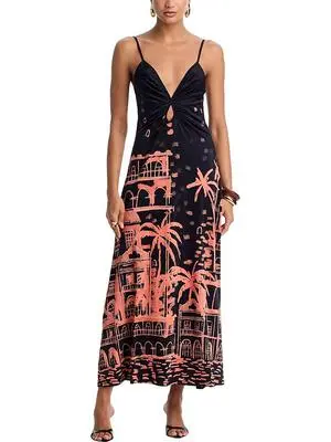 Johanna Ortiz Scenic Print Keyhole Cutout Dress - Black/peach