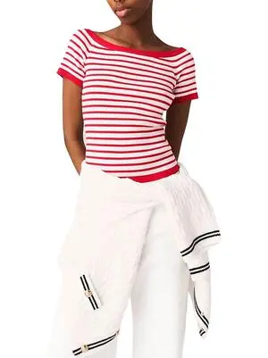 Maje Striped Knit Boat Neck Top - Red