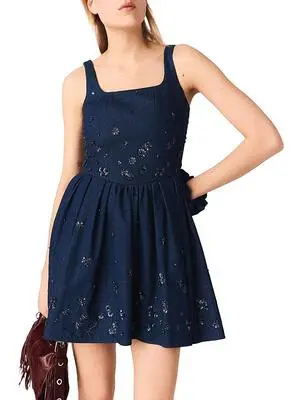 Maje Flared Embroidered Denim Dress - Navy