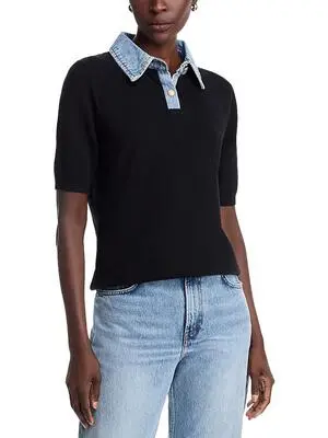 SIONI Collared Short Sleeve Sweater - Black/ Denim