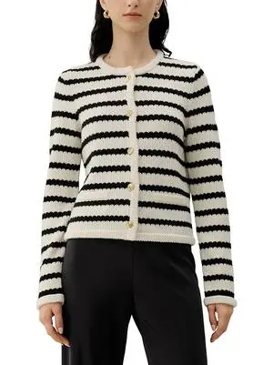 Lilysilk Striped Crochet Washable-wool Cardigan - Blackwhite Stripes