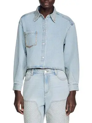 Sandro Lady Rhinestone Crop Denim Shirt - Light Blue Jean