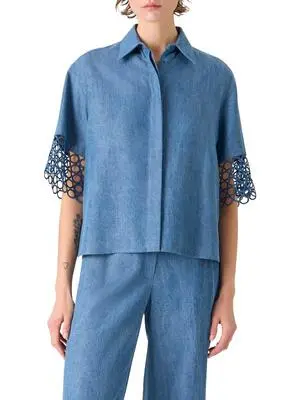 Akris Circle Lace & Denim Shirt - Medium Blue Denim