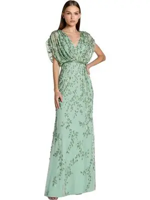 Mac Duggal MAC DUGGAL Beaded V-Neck Short Sleeve Blouson Gown Green