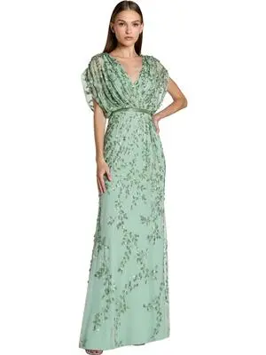 Mac Duggal Beaded V-neck Blouson Gown - Seafoam