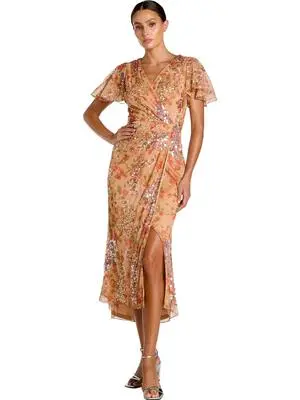 Mac Duggal Embellished Floral Flutter Sleeve Midi Dress - Orange
