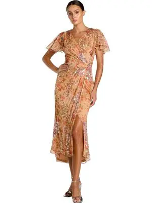Mac Duggal Embellished Floral Flutter Sleeve Midi Dress - Orange