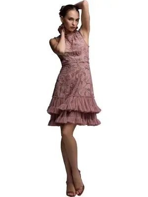 Mac Duggal High Neck Beaded Dress With Ruffled Hem - Antique Rose