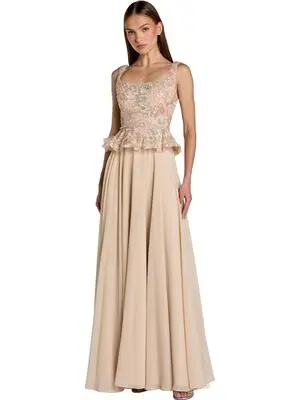 Mac Duggal Embroidered Peplum Top Chiffon Skirt Gown - Champagne